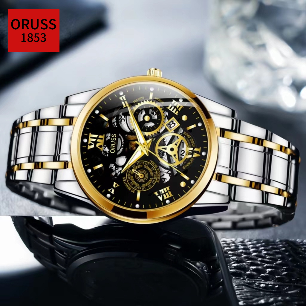ORUSS Luxury Stainless Steel Swiss Business Waterproof Hollow Automatic ...