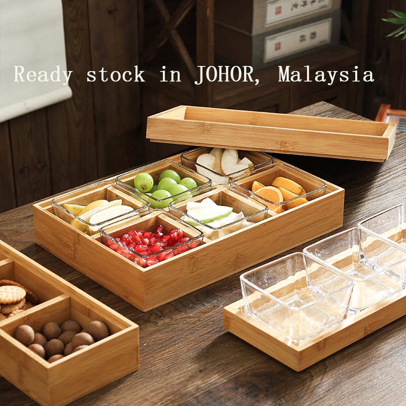 Bamboo divided tray with glass bowl, compartment snack bowl with lid ...