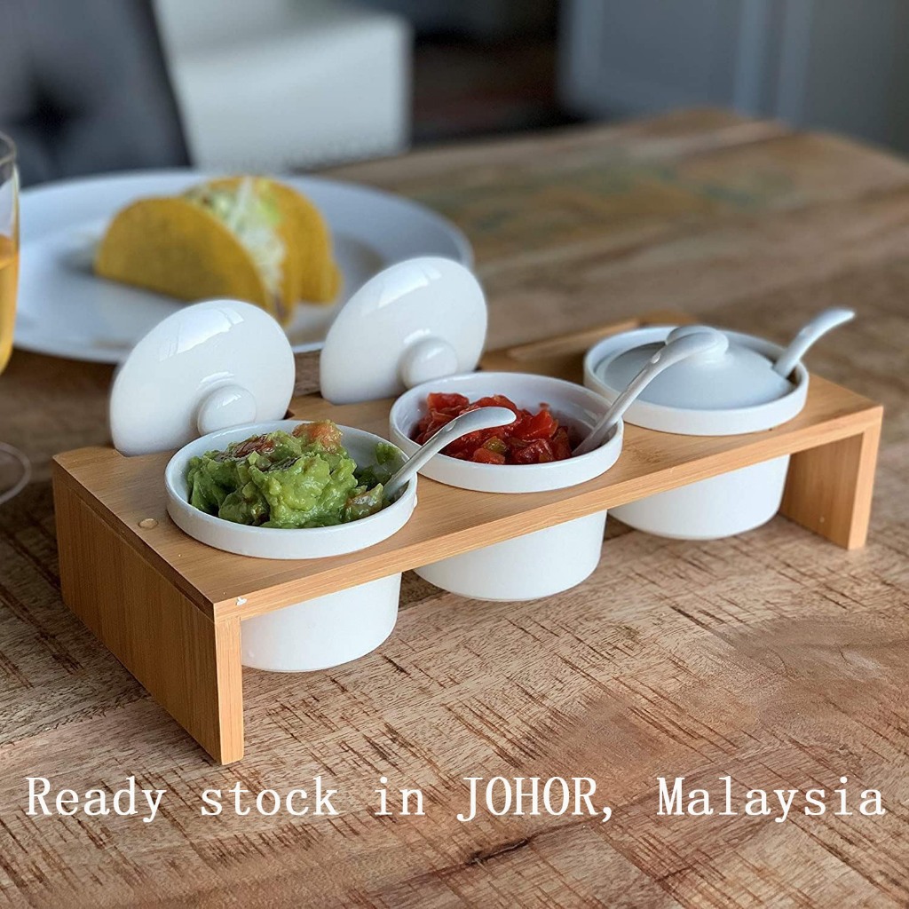Wooden Condiment Set, Ceramic Dip Bowls, Sauce Ramekins 3 Piece Set ...