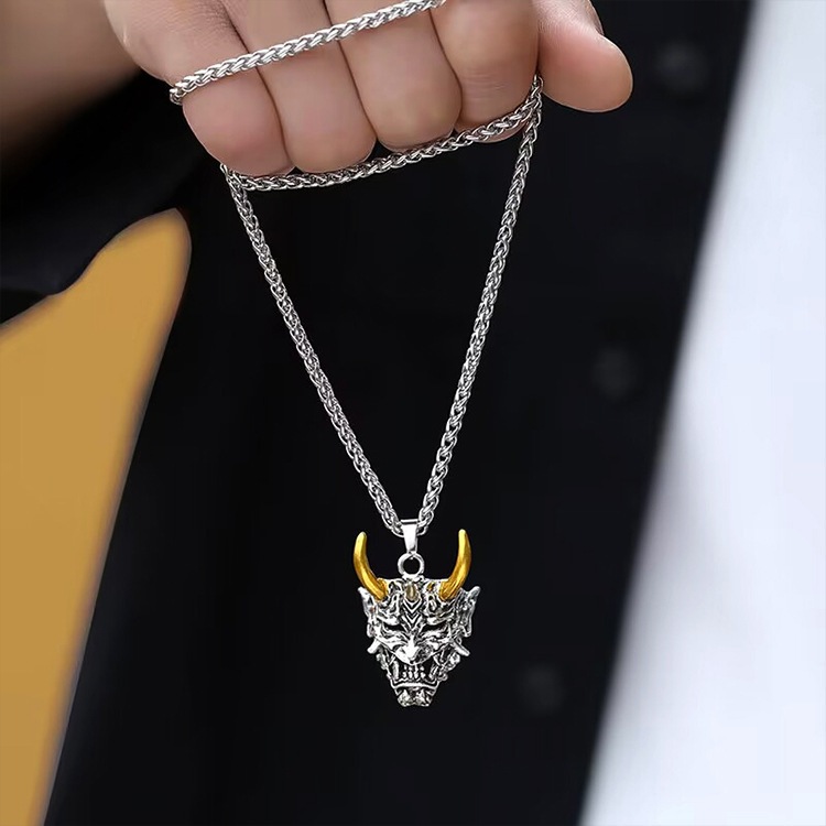 Dark Vintage Prajna Mask Titanium Steel Necklace Men Long Horn King ...
