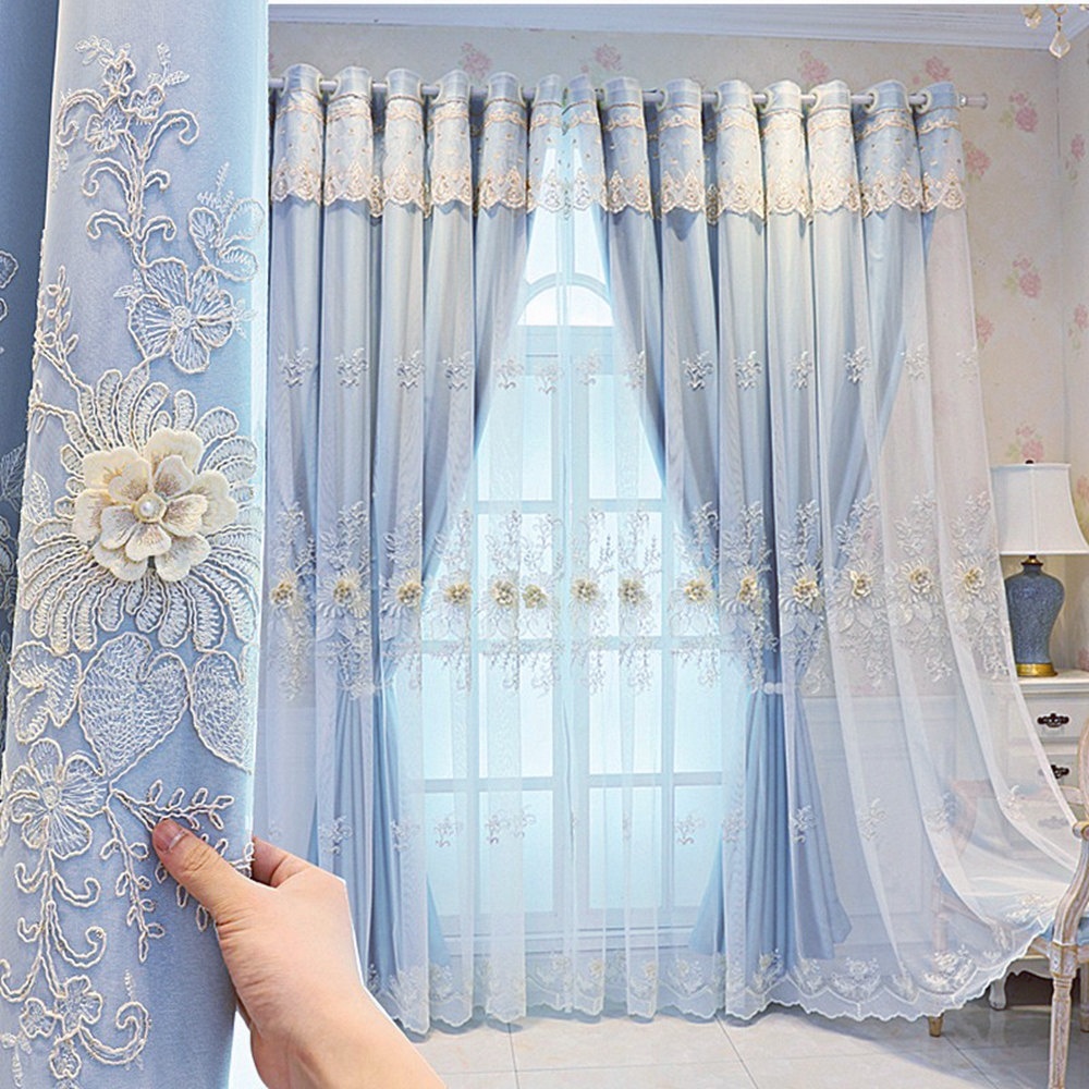 Villa 3D Embossed Double Layer Blackout Curtains with Flower ...
