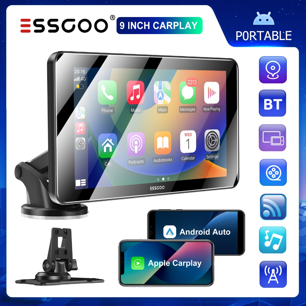 ESSGOO 9" Android Carplay Portable Wireless Radio Carplay Multimedia Player Touch Screen FHD IPS ...