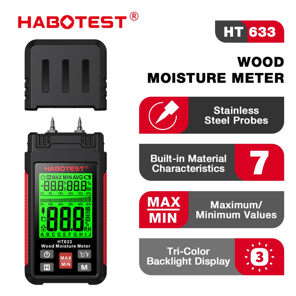 HABOTEST HT633 Wood Moisture Meter Pin Type Digital Moisture Detector ...