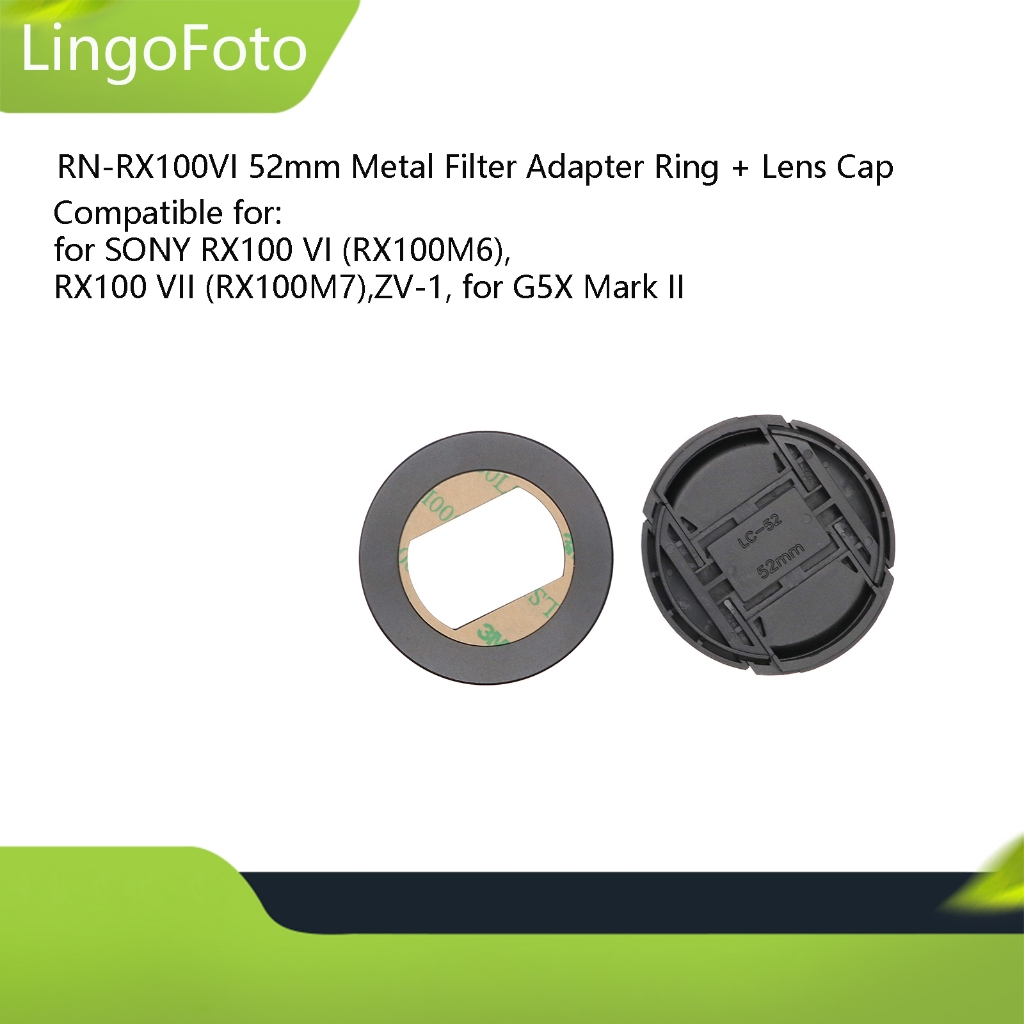 RN-RX100VI 52mm Metal Filter Adapter Ring + Lens Cap for Sony RX100 M5 ...