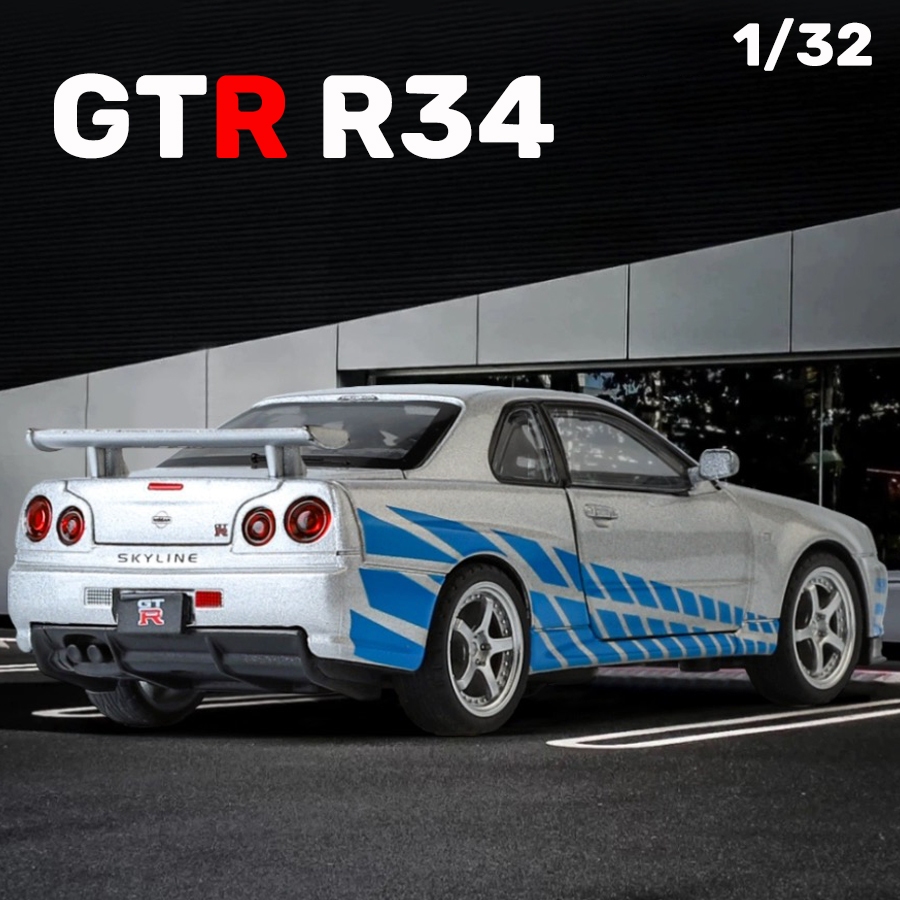 1:32 Scale Nissan GTR R34 Skyline Alloy Car Model Light & Sound Effect ...