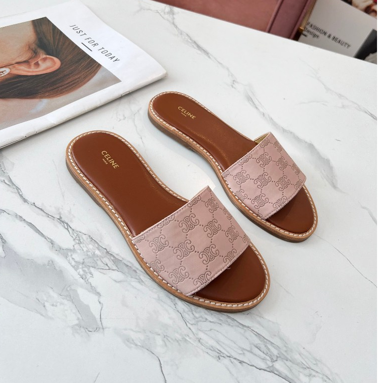 CELINE Women's micro label slippers Classic Triumphal Arch logo flat ...