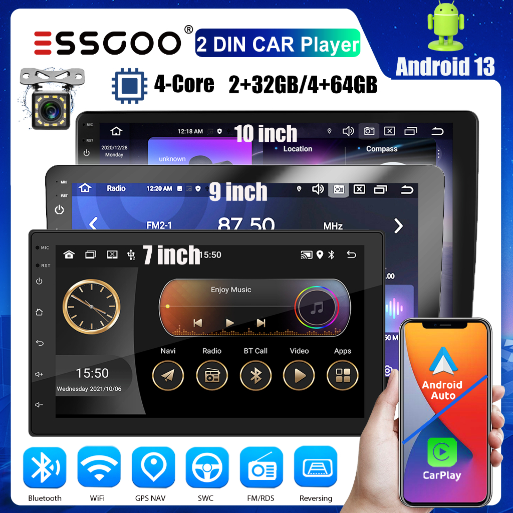 ESSGOO Carplay Android Auto 4+64GB 2+32GB 2 Din Car Player 7"/9"/10 ...