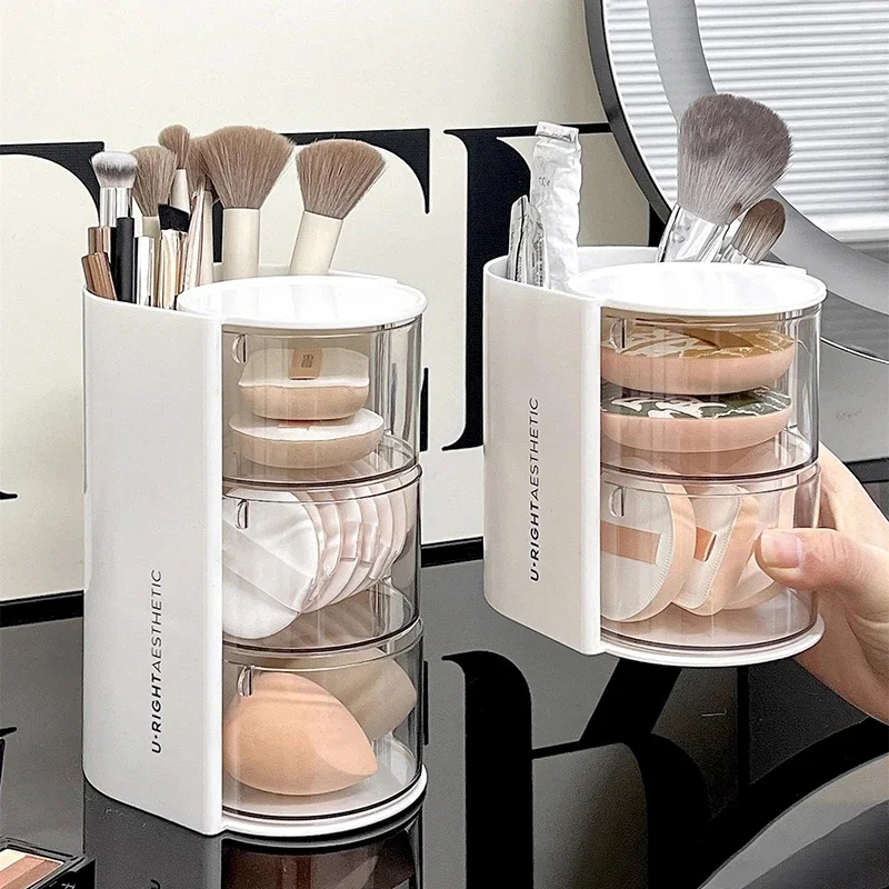 Rotating Cosmetics Storage Box Powder Puff Makeup Brush Holder Storage ...