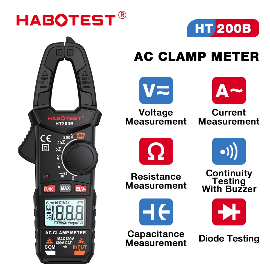 HABOTEST HT200 Digital Clamp Meter 600V AC/DC 2000 Counts Voltmeter ...