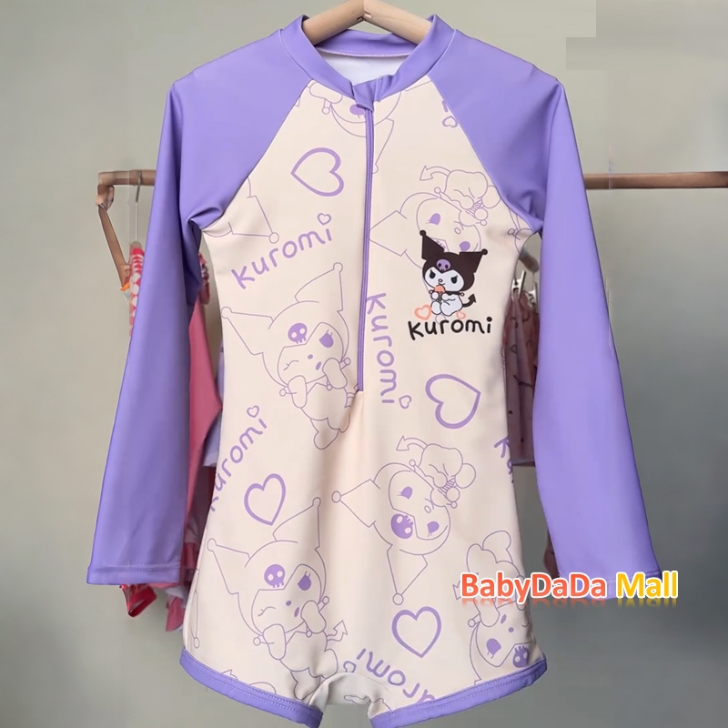 [baju raya] New Girls' One-Piece Swimsuit Cute Fashion Purple White Kuromi Cartoon Long Sleeve ...