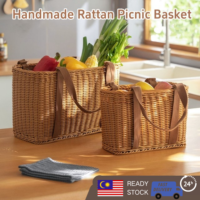 Sundries Basket with Handle Handmade Rattan Picnic Basket ...
