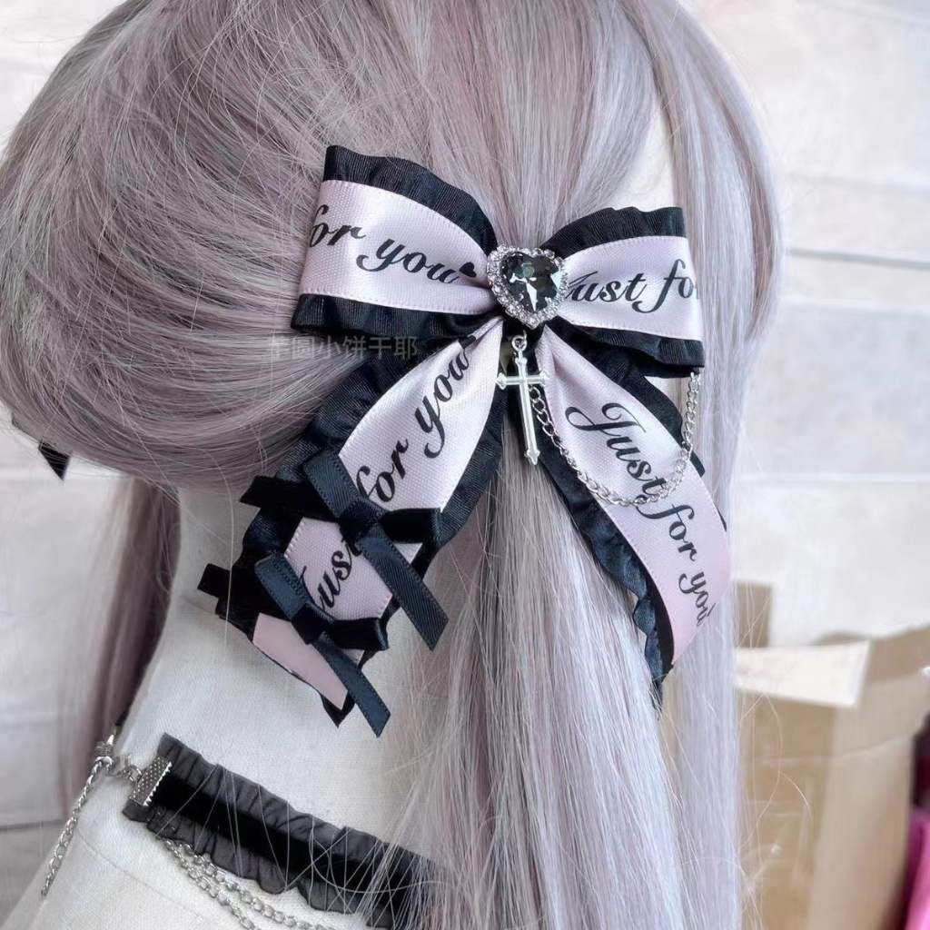 Japanese Style Wooden Ear Lace Cross Chain Asymmetrical Letter Bow Hair ...