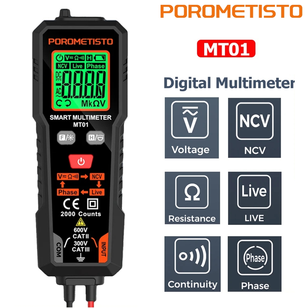 POROMETISTO MT01 Digital Multimeter 2000 Counts 600V AC/DC Voltage Resistance Continuity ...