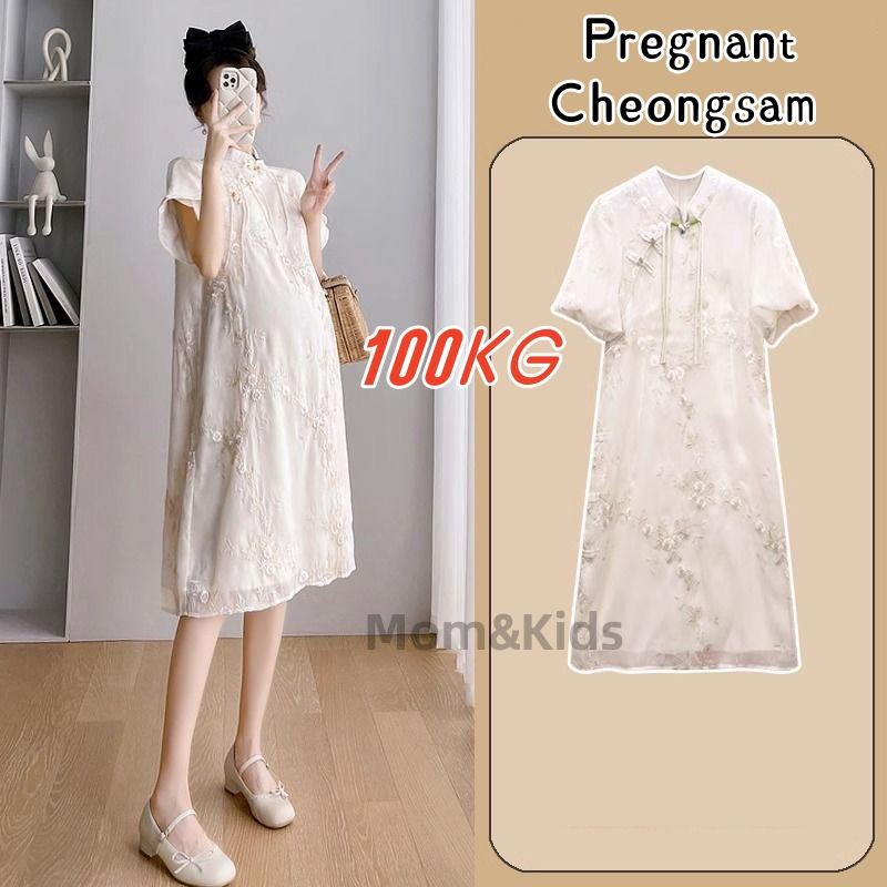 Mom&Kids Cotton Summer Short Sleeve Retro Embroidered Pregnant Women ...