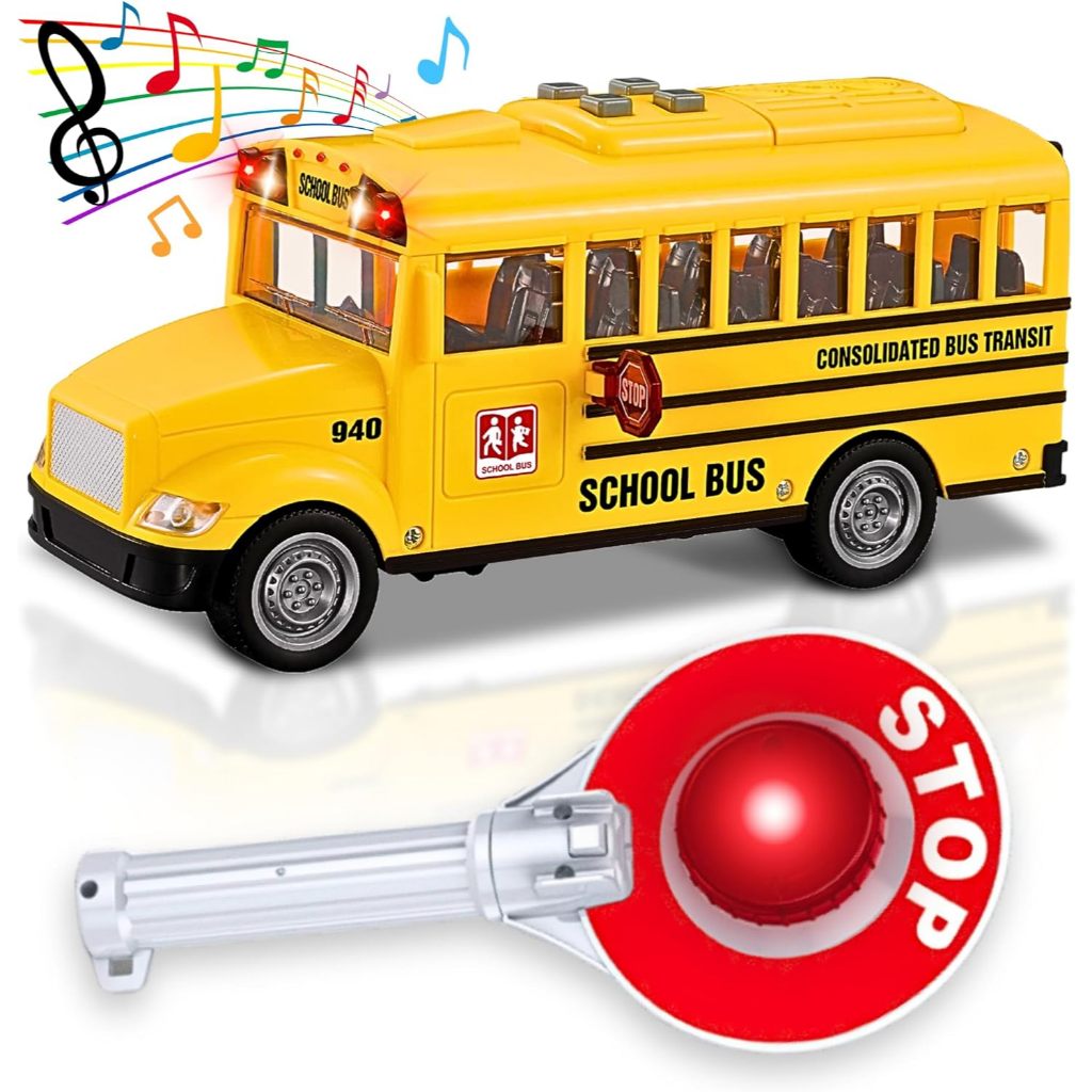 Yellow School Bus Toy with Crossing Guard Stop Sign - 8" Friction ...
