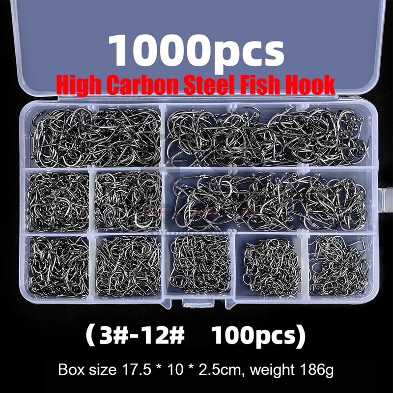 Mata Kail 1000pcs Box /3-12#/Fishing Hook Set/High Carbon Steel Fish Bait/ Sharpened Fish Hooks ...