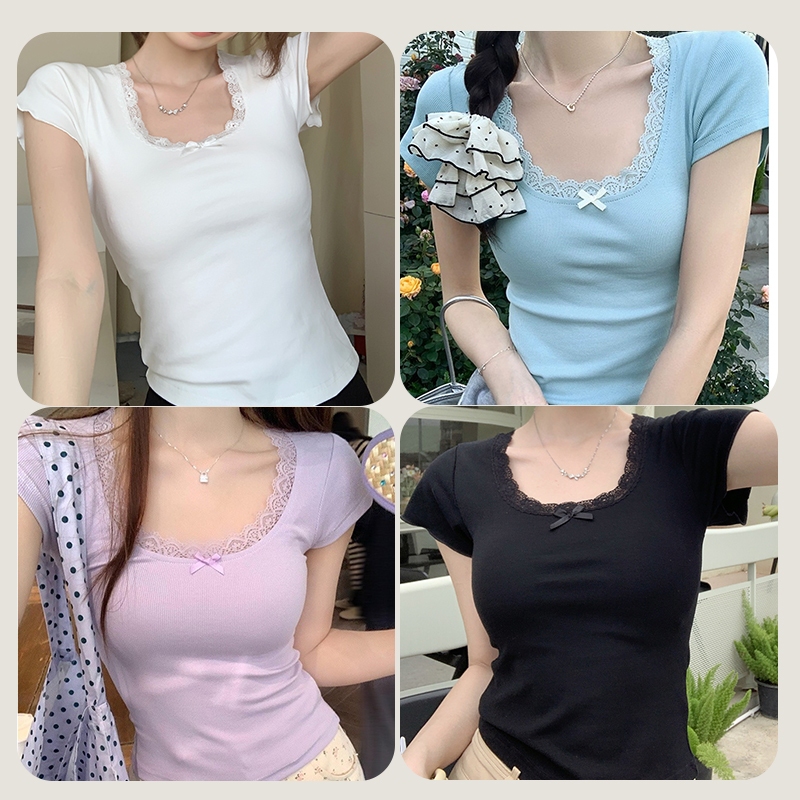 【READY STOCK】 CherryShop⭐Ladies Short Sleeve Lace Neck Bow Design Black ...