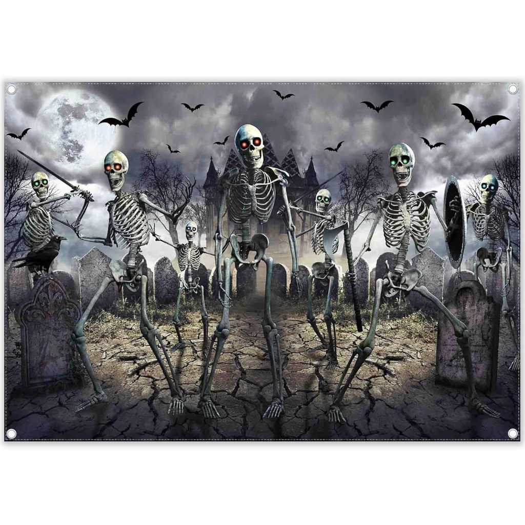 7x5ft Halloween Zombie Backdrop Full Moon Night Graveyard Bat Skeleton ...