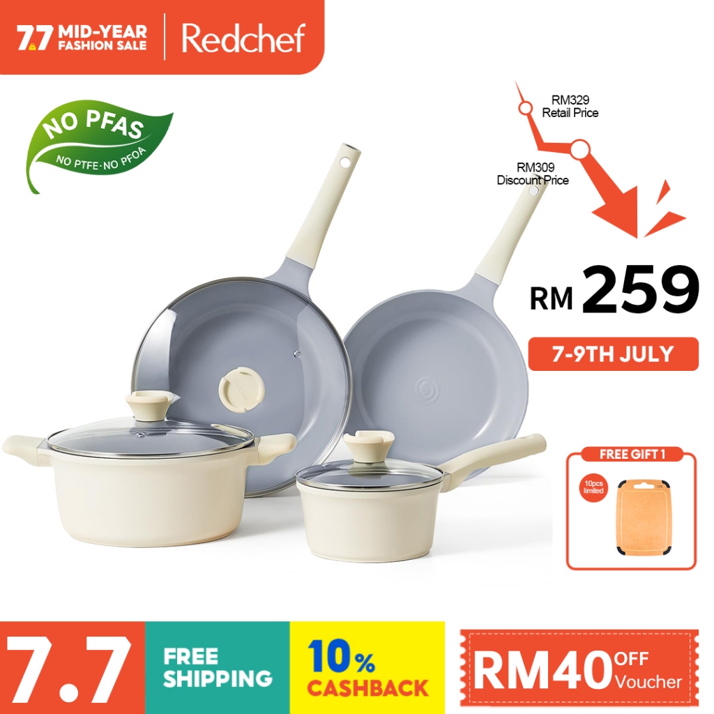 Redchef Nonstick Ceramic Rock Cookware Set (7Pcs) Non Toxic, PFAS& PTFE ...