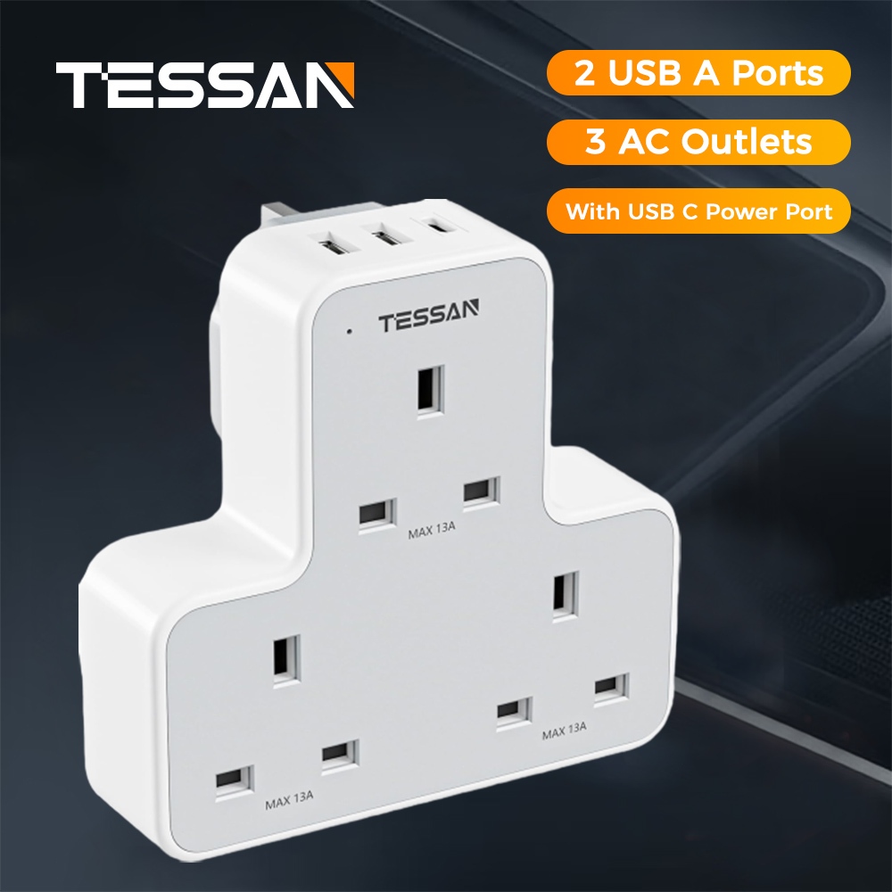 TESSAN Wall Plug Extension with 3 USB,Multi Plug Socket Adapter,Power ...