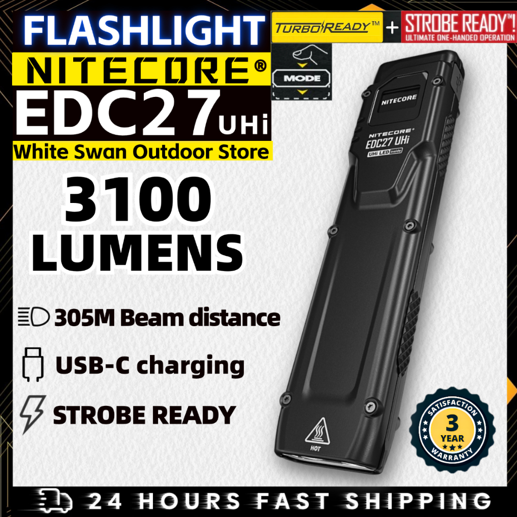NITECORE EDC27 UHi 3100 Lumens USB-C Rechargeable Ultra Slim Tactical EDC Flashlight Li-ion ...