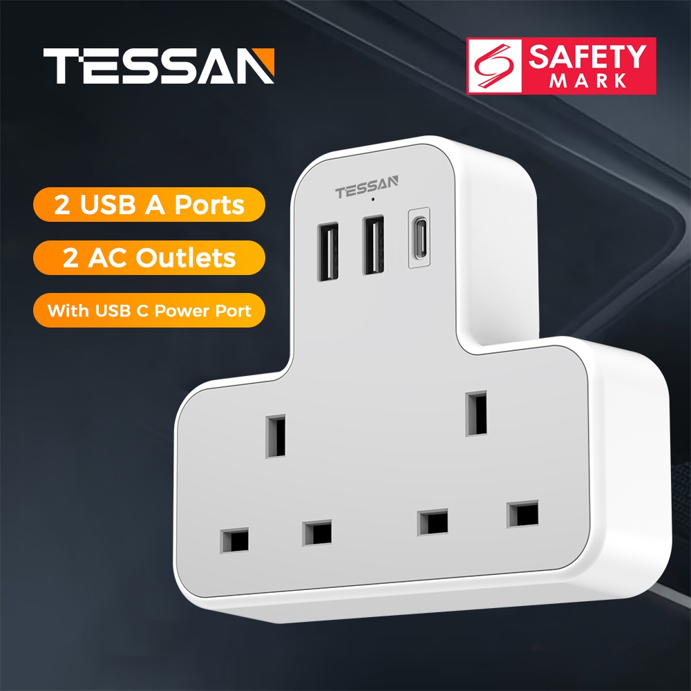 TESSAN Extension Plug Adapter with USB+Type C,5 IN 1 Multi Plug ...