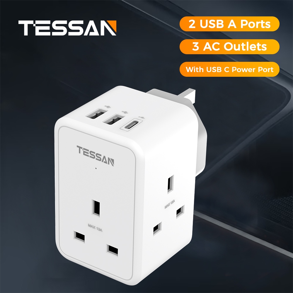 TESSAN Wall Charger Plug Adaptor SG with 3 USB Hub (1 USB C), 3 Way ...