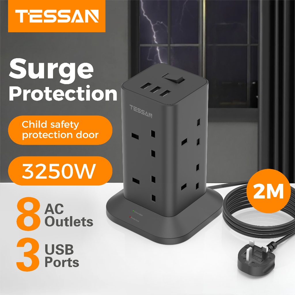 TESSAN Extension Plug Tower Socket with 3 USB, Extension Wire Power ...