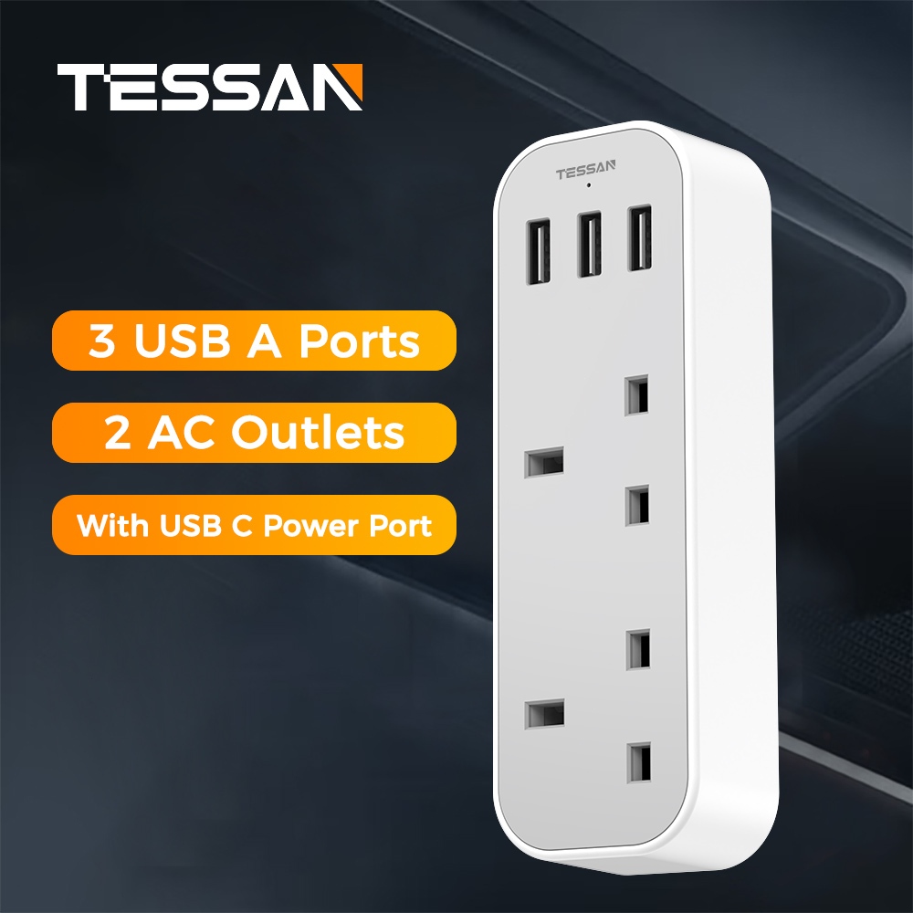 Double Plug Adaptor with 3 USB, TESSAN 2 Way Multi Plugs Extension ...