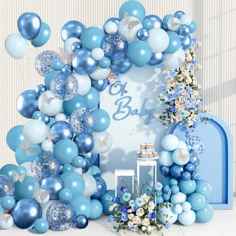 111PCS Butterfly Themed Blue Balloon Set Macaron Blue Latex Metallic ...