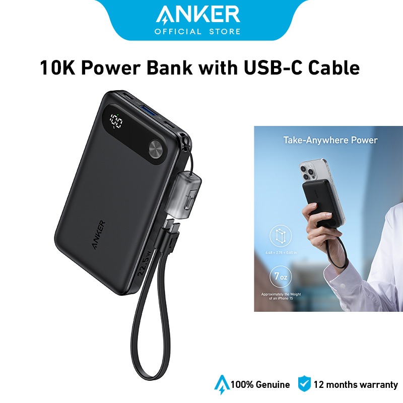 Anker 10,000mAh Power Bank Portable Charger with Built-in USB-C Cable and Lanyard 22.5W Max ...