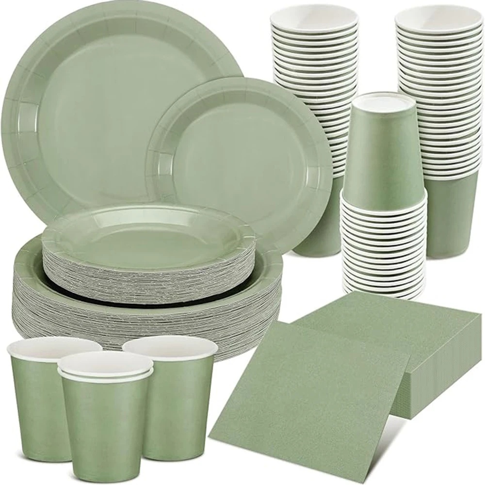 Sage Green Solid Party Set Disposable Cup Plate Paper Tablecloths Suitable For Multiple Birthday ...