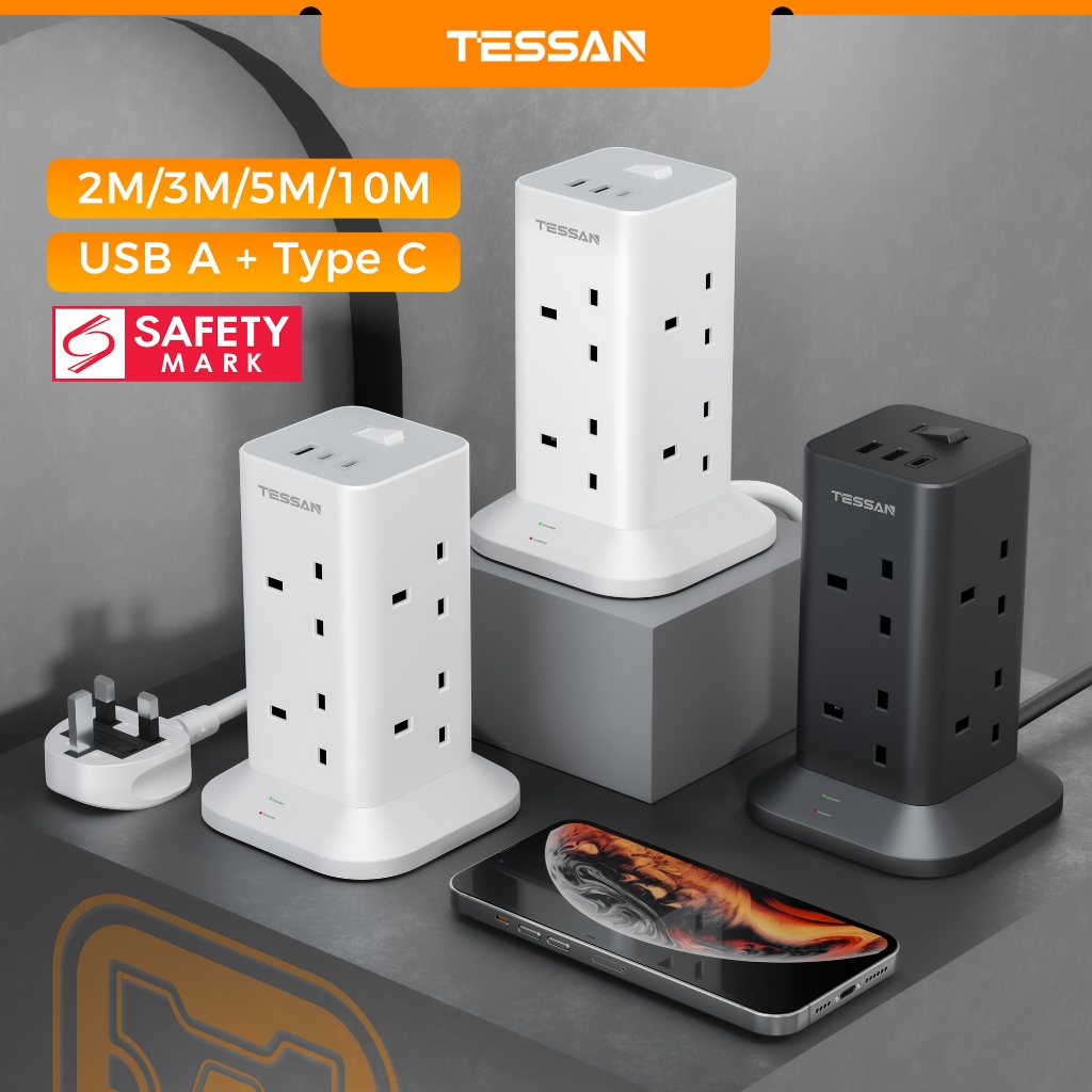 TESSAN Extension Plug Tower Extension Socket Surge Protector with 3 USB ...