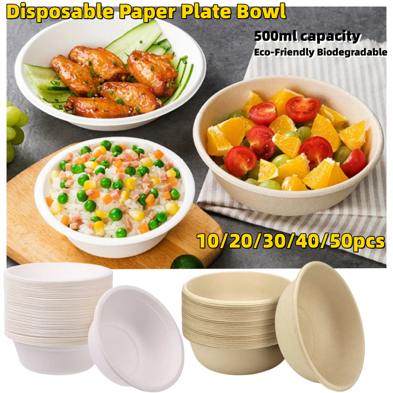 50pcs Disposable Paper Plate Bowl Eco-Friendly Biodegradable BBQ ...