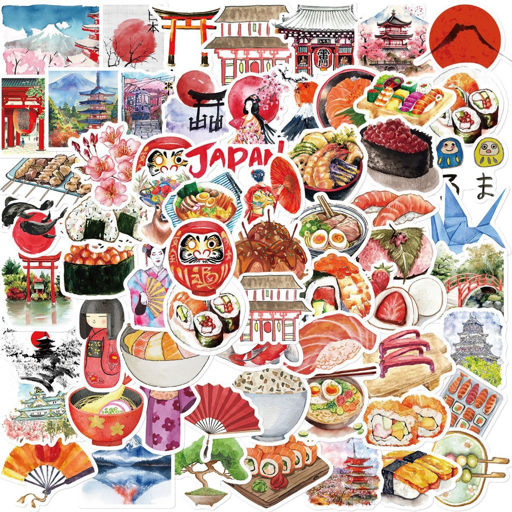 64 pcs Watercolor Painted Japan Cuisine, Scenery and Culture Elements ...