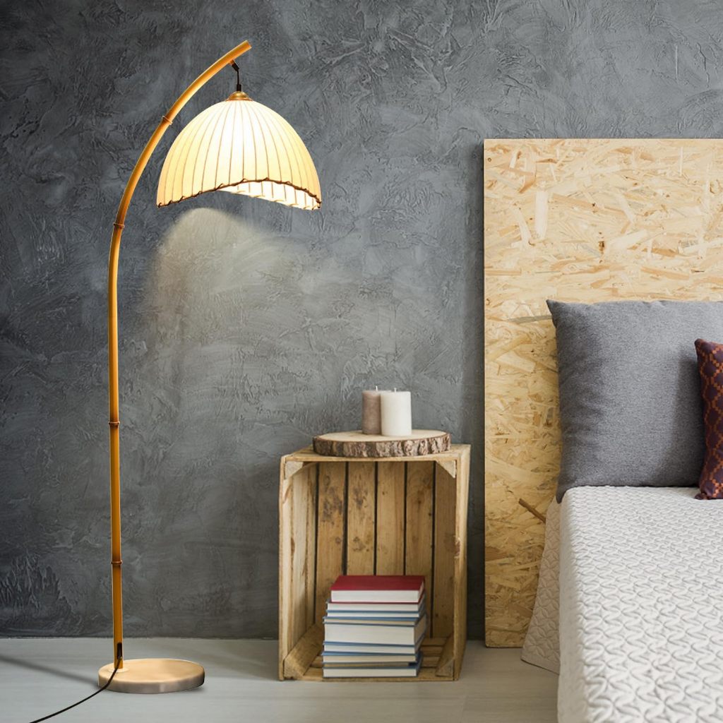 Bamboo Rattan Floor Lamp Linen Shade 3 Color Temperatures LED Bulb with ...