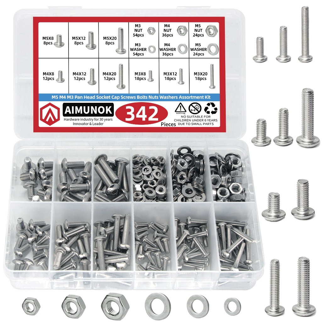 342pcs M5 M4 M3 Button Head Socket Cap Screws Bolts Nuts Washers Assortment Kit, 304 Stainless ...