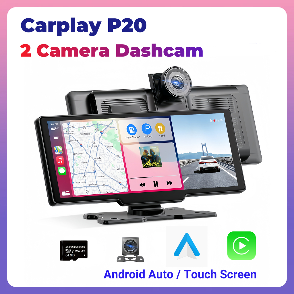 Carplay P20 4K Front and Rear View Dash Cam 10 inch Touch Screen Portable Car Stereo Wireless ...