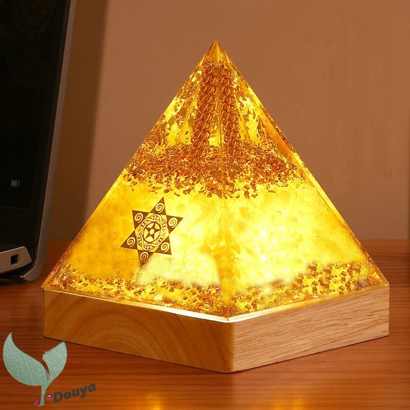 Citrine Orgone Pyramid with Light Base – Wealth Orgonite Pyramid lamp ...