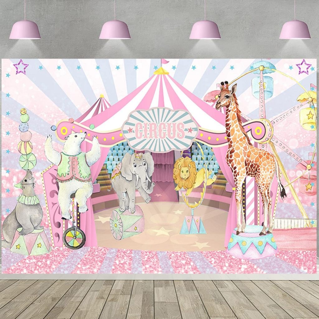 Pink Circus Backdrop Big Top Tent Animals Carnival Kids Girl Birthday Party Dessert Candy Cake ...