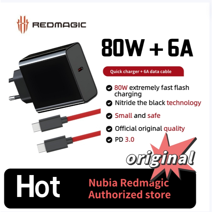Original Nubia Red Magic 80W GaN Quick Charger EU Plug +6A Type-C Port charging cable PD for ...