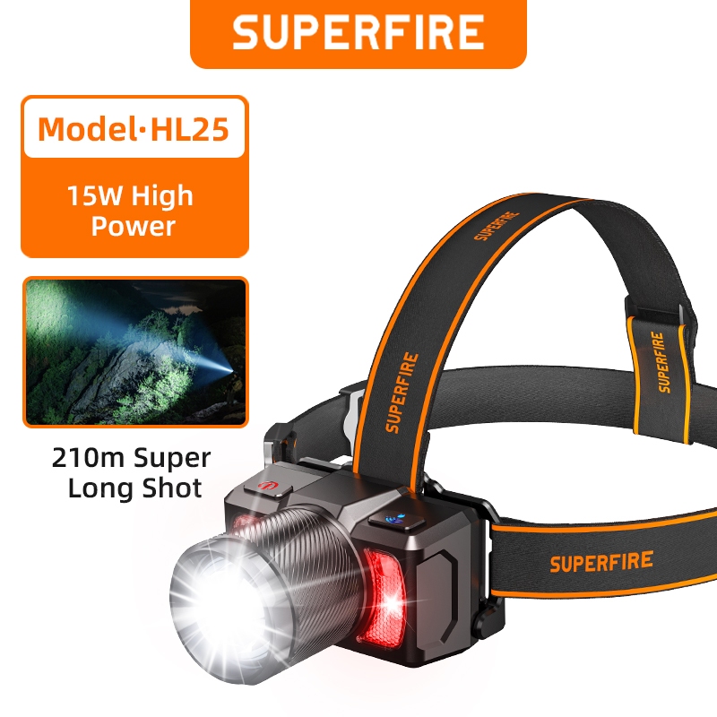 SUPERFIRE HL25 Zoomable Headlamp Super Bright 15W Type-c Rechargable Red Light Working Upto 6.5 ...