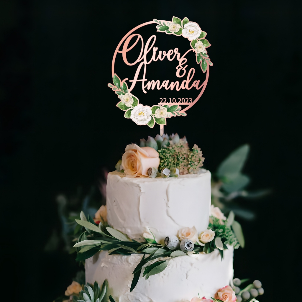 Personalized Wedding Cake Topper Acrylic Greeny Floral Wedding Cake ...