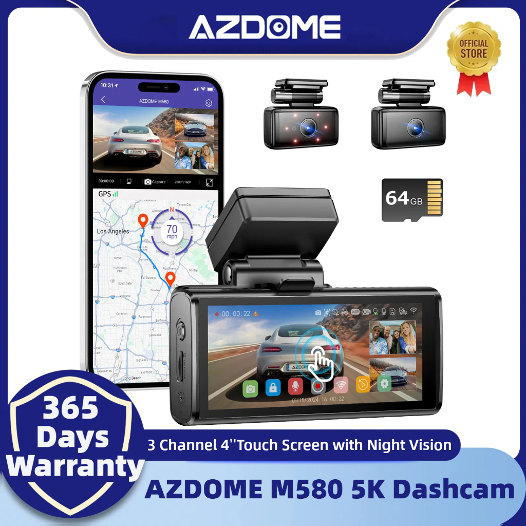 5K Dashcam AZDOME M580 3 Channel Car Dash Cam with 4 inch Touch Screen ...