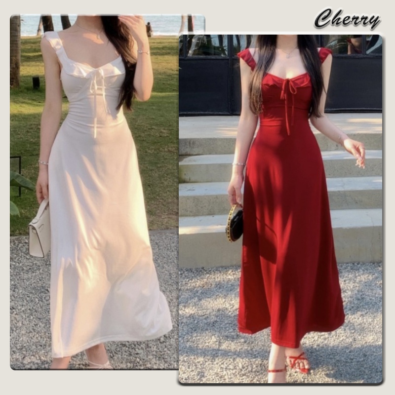 【READY STOCK】 CherryShop⭐Women's mid-length suspender dress with waist ...