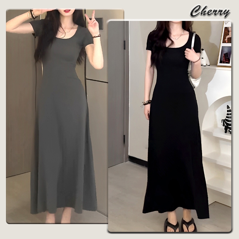 【READY STOCK】 CherryShop⭐French dress solid color tight temperament ...