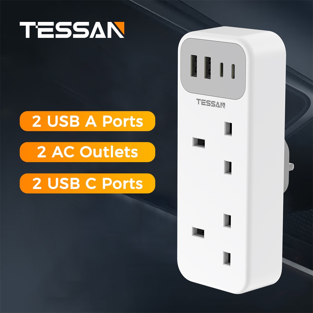 TESSAN Double Plug Adapter with 4 USB(2 USB C),Multi Plug Extension ...