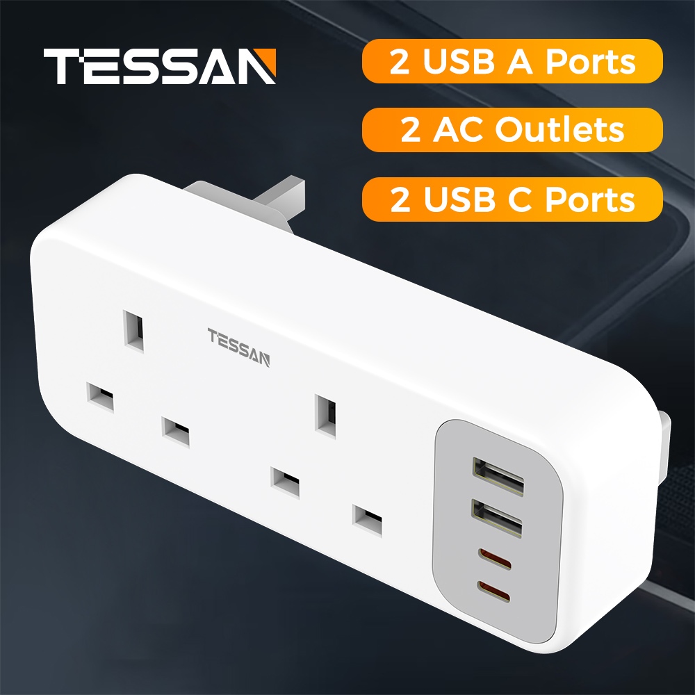 TESSAN Multi Plug Adapter With 2 USB/2 USB C, Extension Power Socket ...