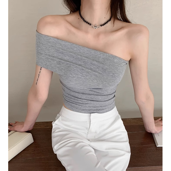 Sexy Black One-Shoulder Slanted Shoulder Top Summer Design Sense Slim ...