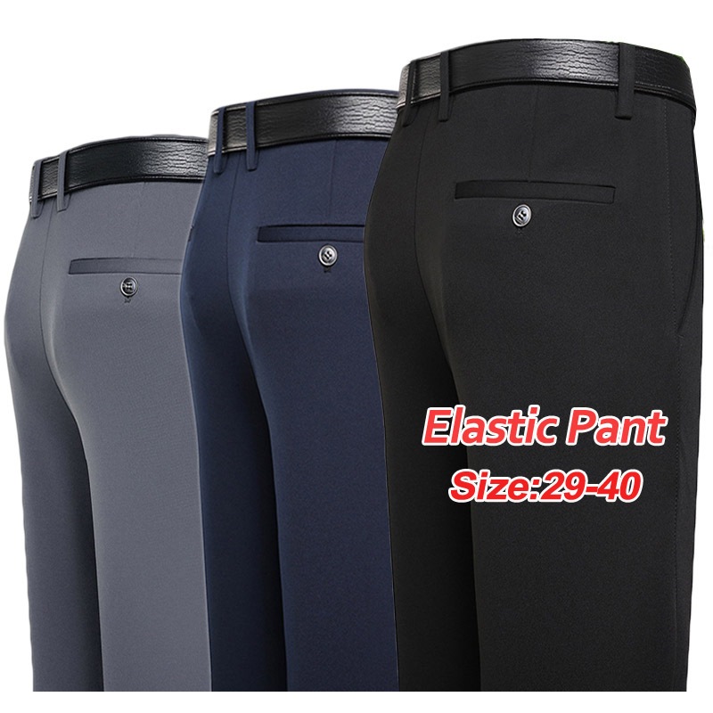 Men's Formal Pants Office Straight Loose Long Trousers Elastic Slacks ...